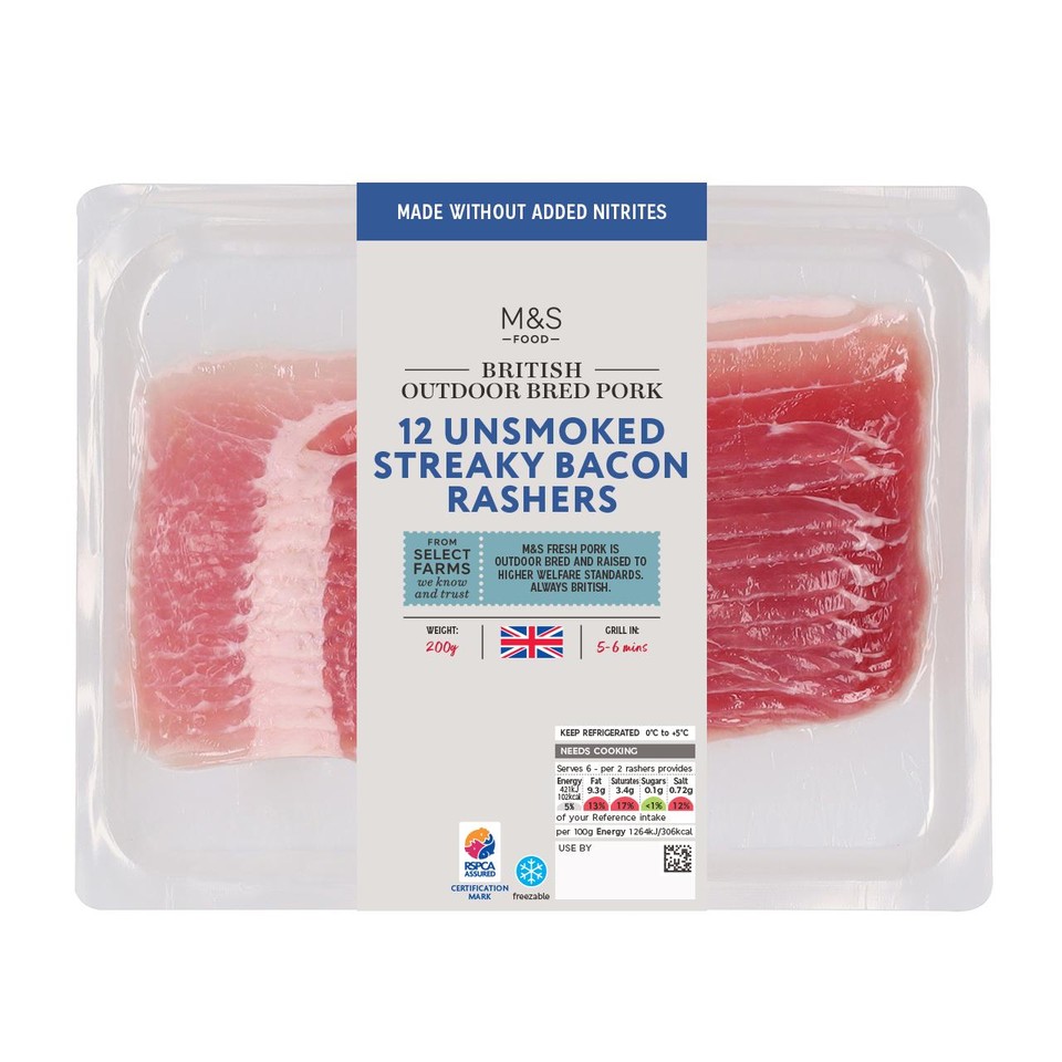 M&S British Outdoor Bred 12 Unsmoked Streaky Bacon Rashers - Ocado
