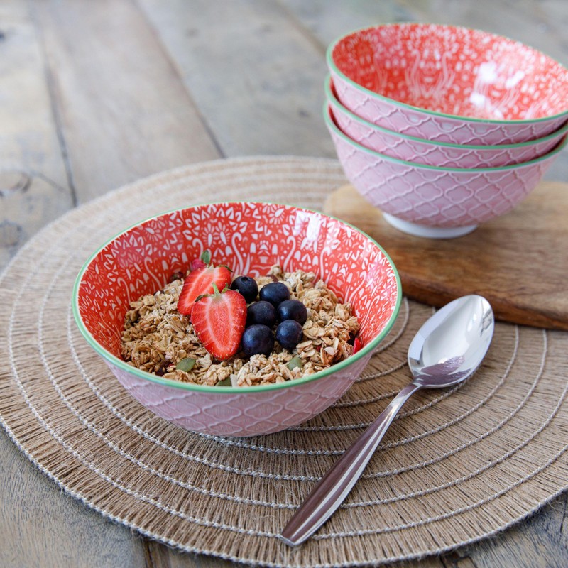 KitchenCraft Red and Pink Victorian Style Print Ceramic Bowls - Ocado