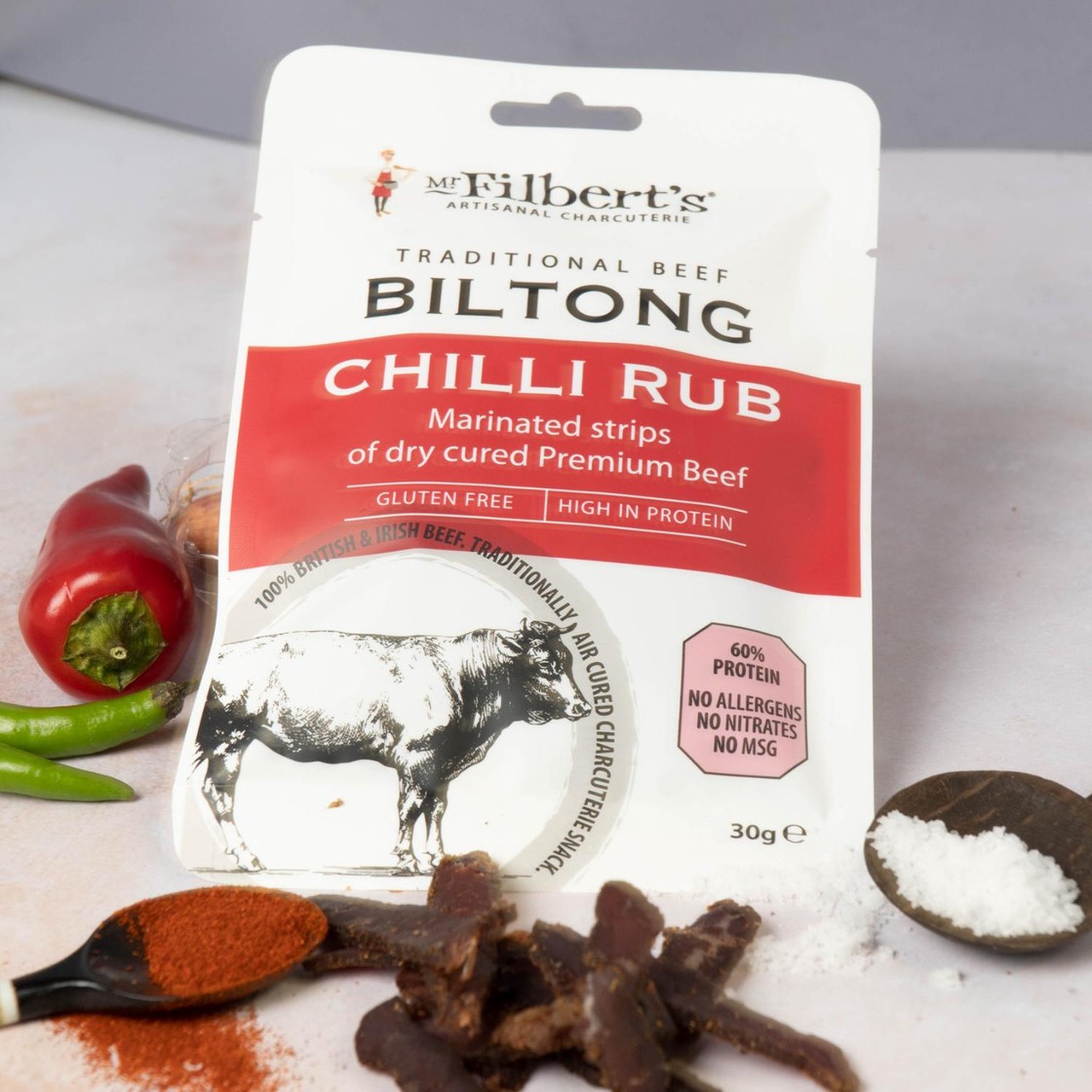 Mr Filberts Traditional Beef Biltong - Chilli Rub - Ocado