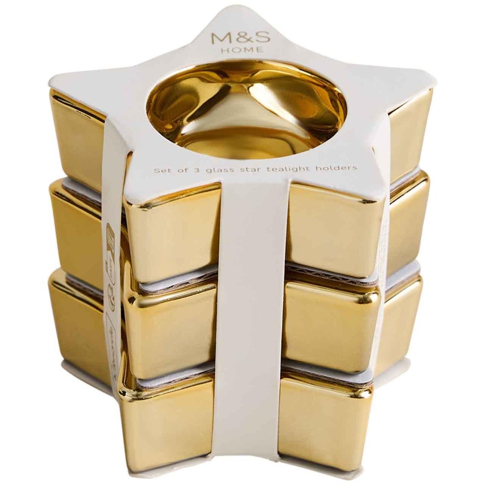 M&S Glass Star Tealight Holders, Gold - Ocado
