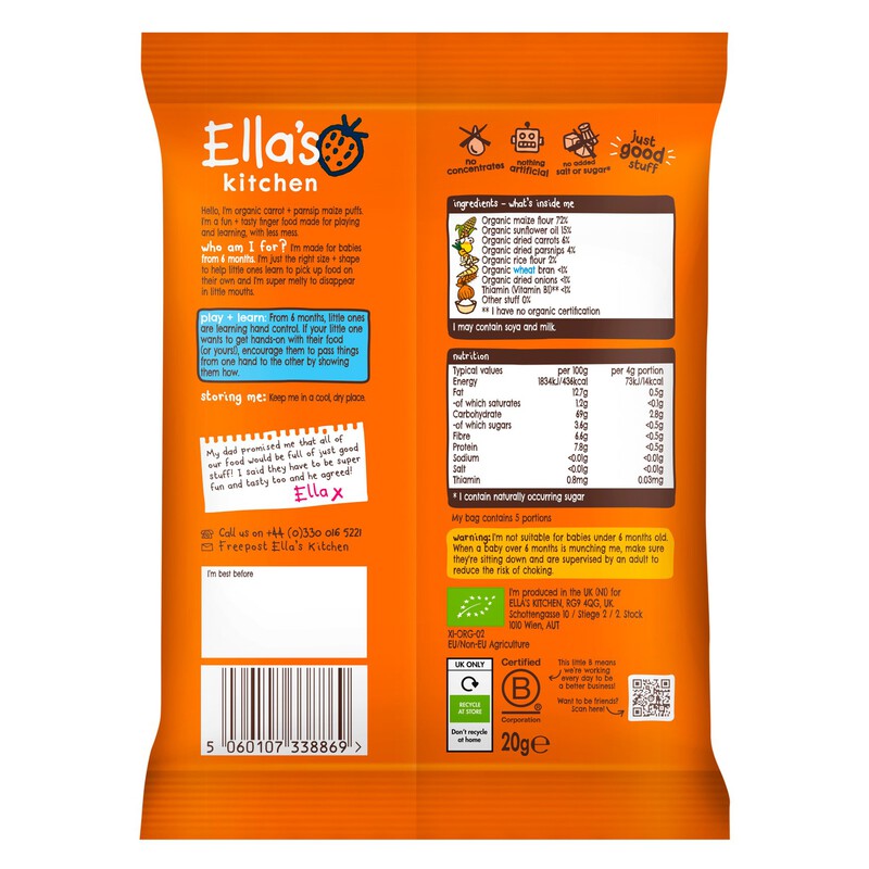 Ella's Kitchen Carrot & Parsnip Melty Puffs Baby Snack 6+ Months - Ocado