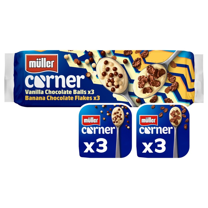 Muller Corner Vanilla Chocolate Balls & Banana Chocolate Flakes Yogurts ...