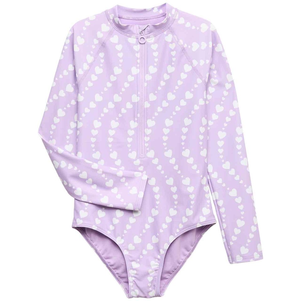 M&S Heart Print Long Sleeve Swimsuit, 10-11 Years, Purple - Ocado