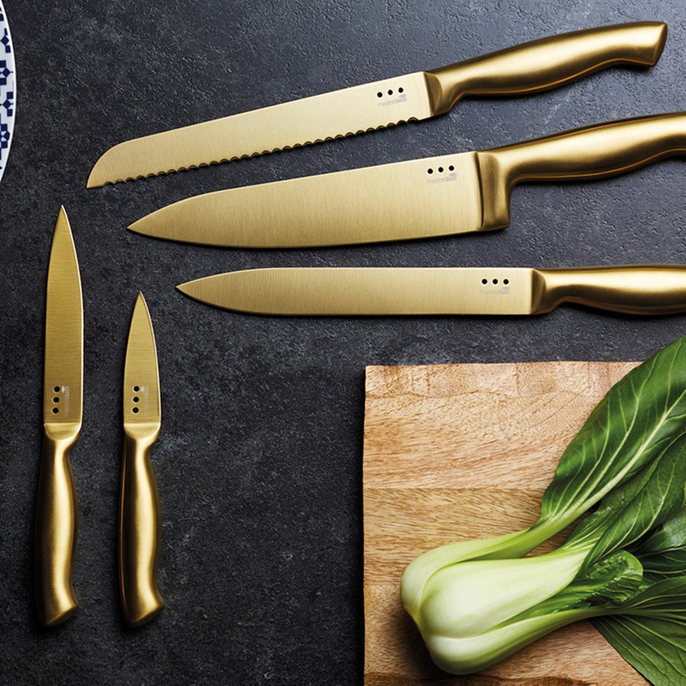 MasterClass Burnished Brass Effect Knife Set with Wooden Storage Block ...
