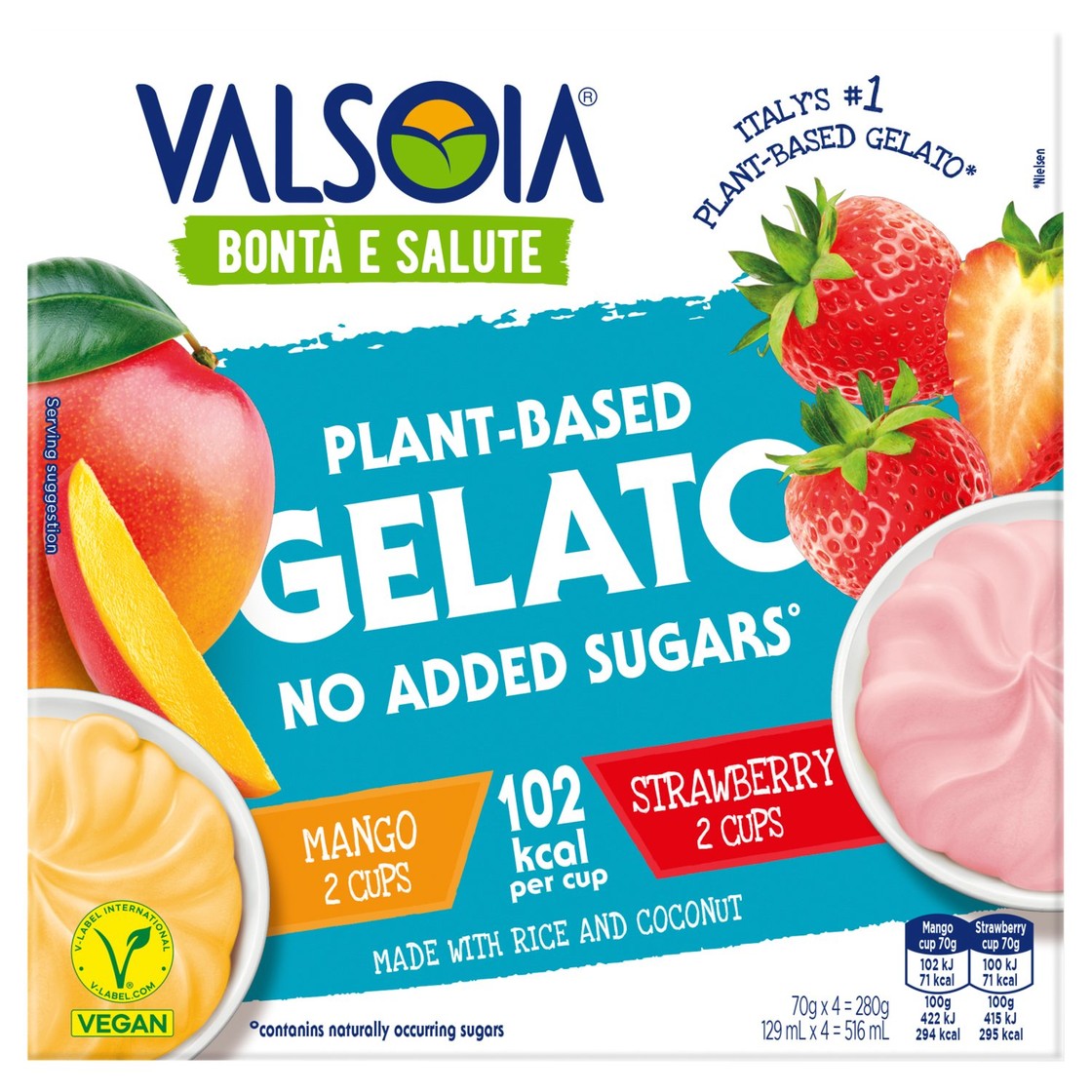 Valsoia No Added Sugar Mango and Strawberry Gelato Mini Cups - Ocado