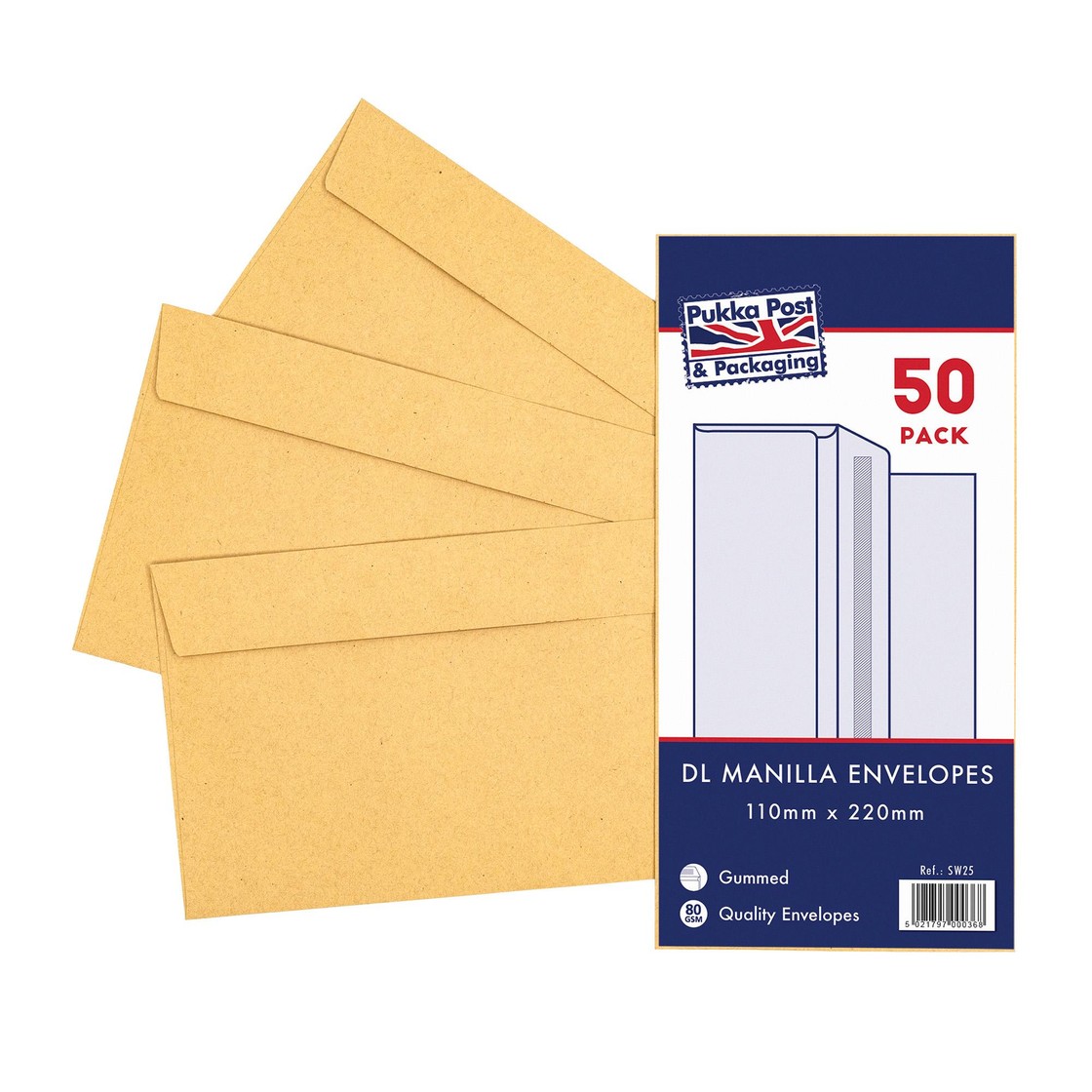 Pukka Pad 50 Pack Envelopes - DL Manilla Gummed 110mm x 220mm - Ocado