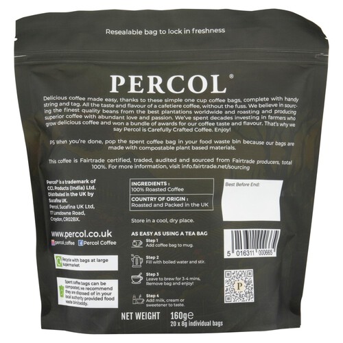 Percol Americano Fairtrade Coffee Bags 20 Pack - Ocado